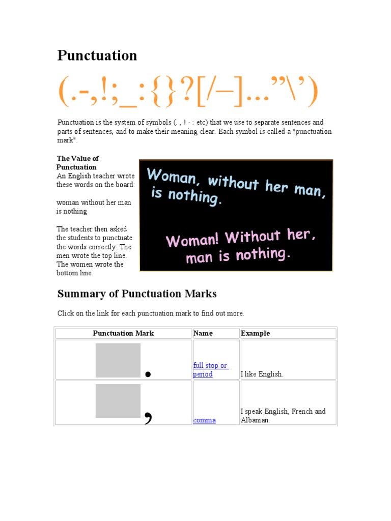 Punctuation: Summary of Punctuation Marks | PDF | Language Arts ...