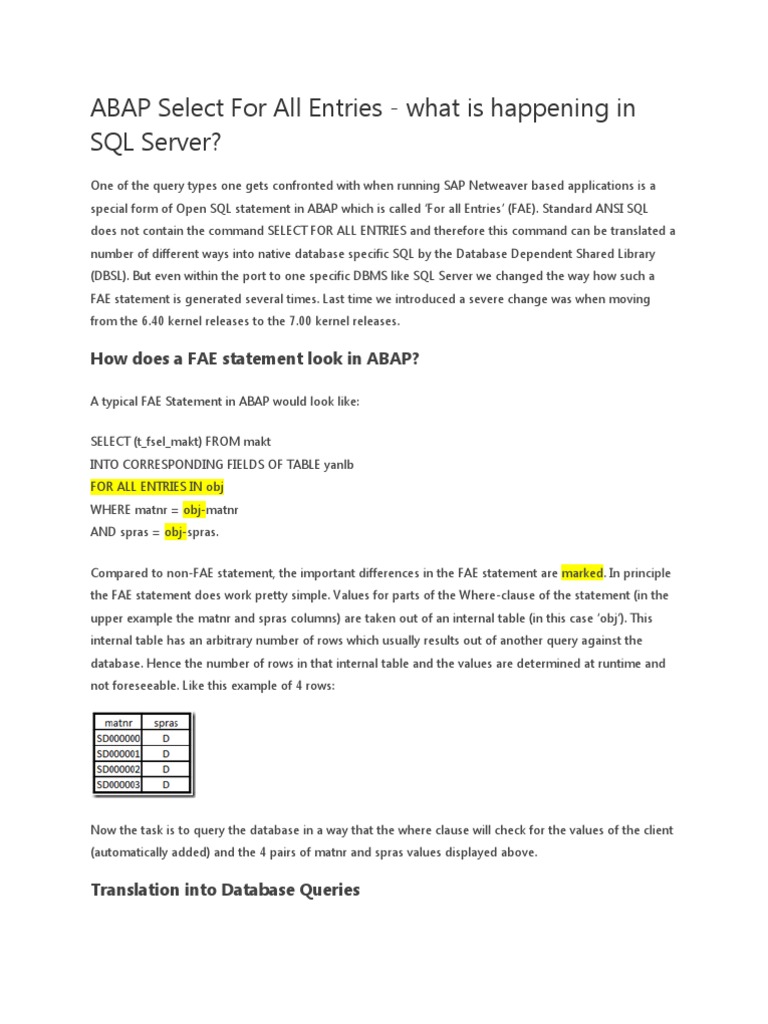 ABAP Select For All Entries What Is Happening in SQL Server | PDF ...