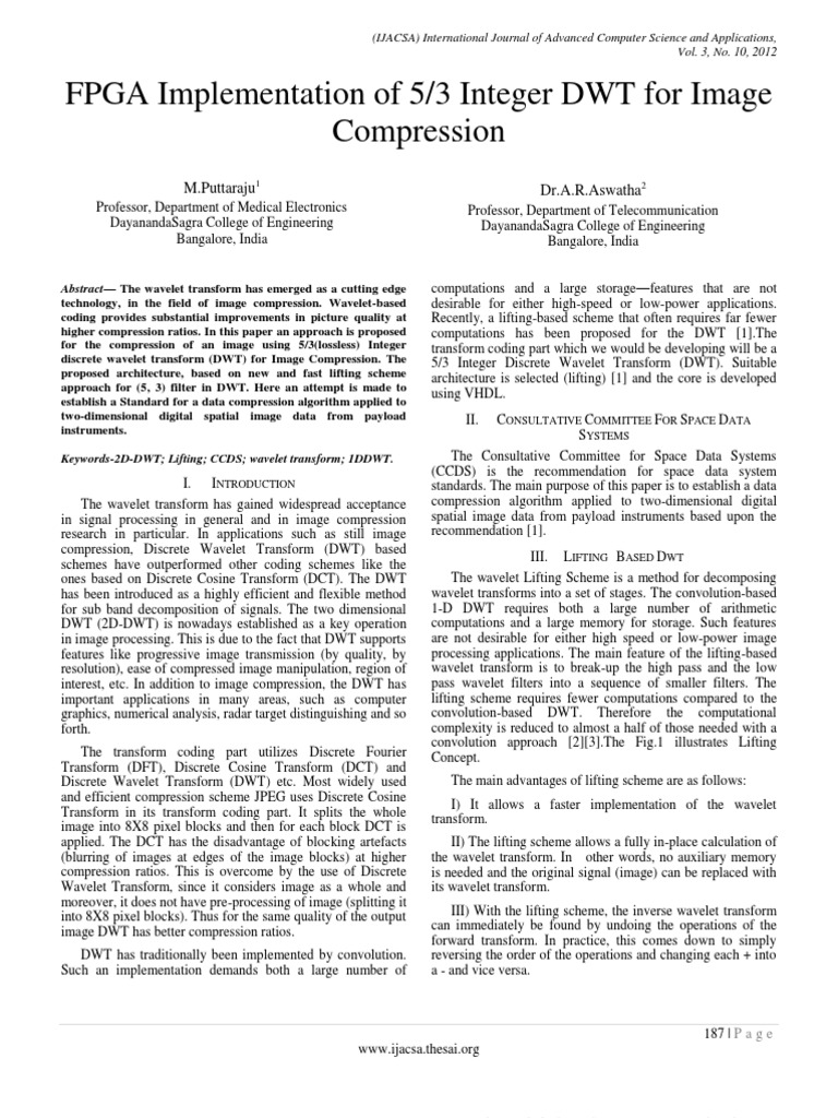 Paper 30 Fpga Implementation Of 53 Integer Dwt For Image Compression Pdf Data Compression