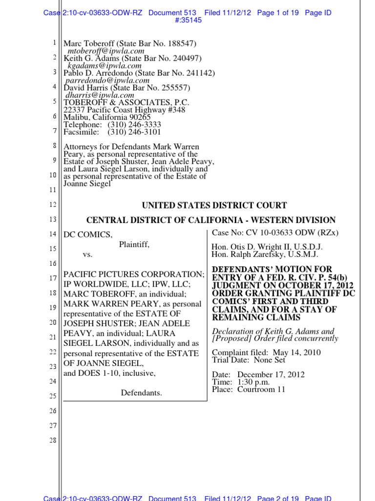 Rule 54 (B) Motion and Judgment in The Pacific Pictures - Joe Shuster ...