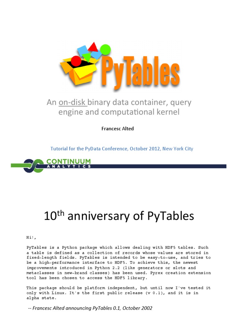Pytables: An On - Disk Binary Data Container, Query Engine and Computa:Onal Kernel | PDF ...