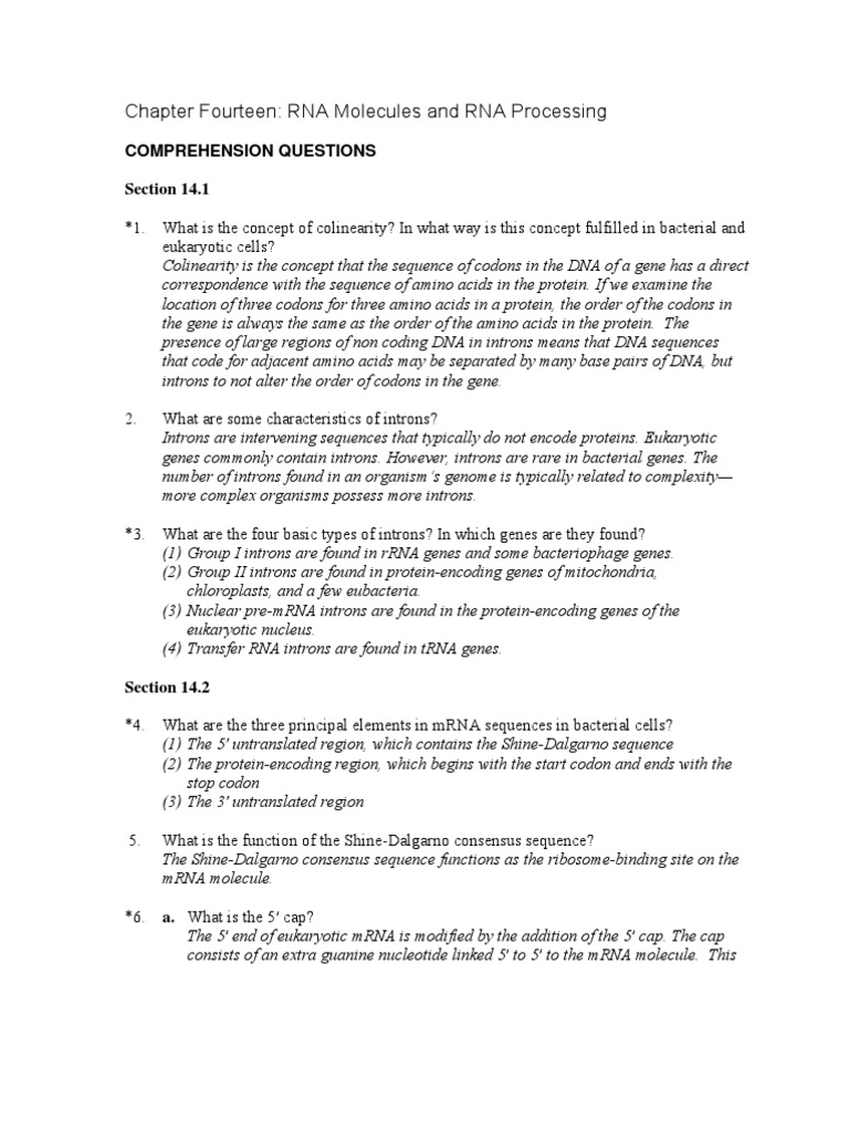 Chapter Fourteen: RNA Molecules and RNA Processing: Comprehension ...