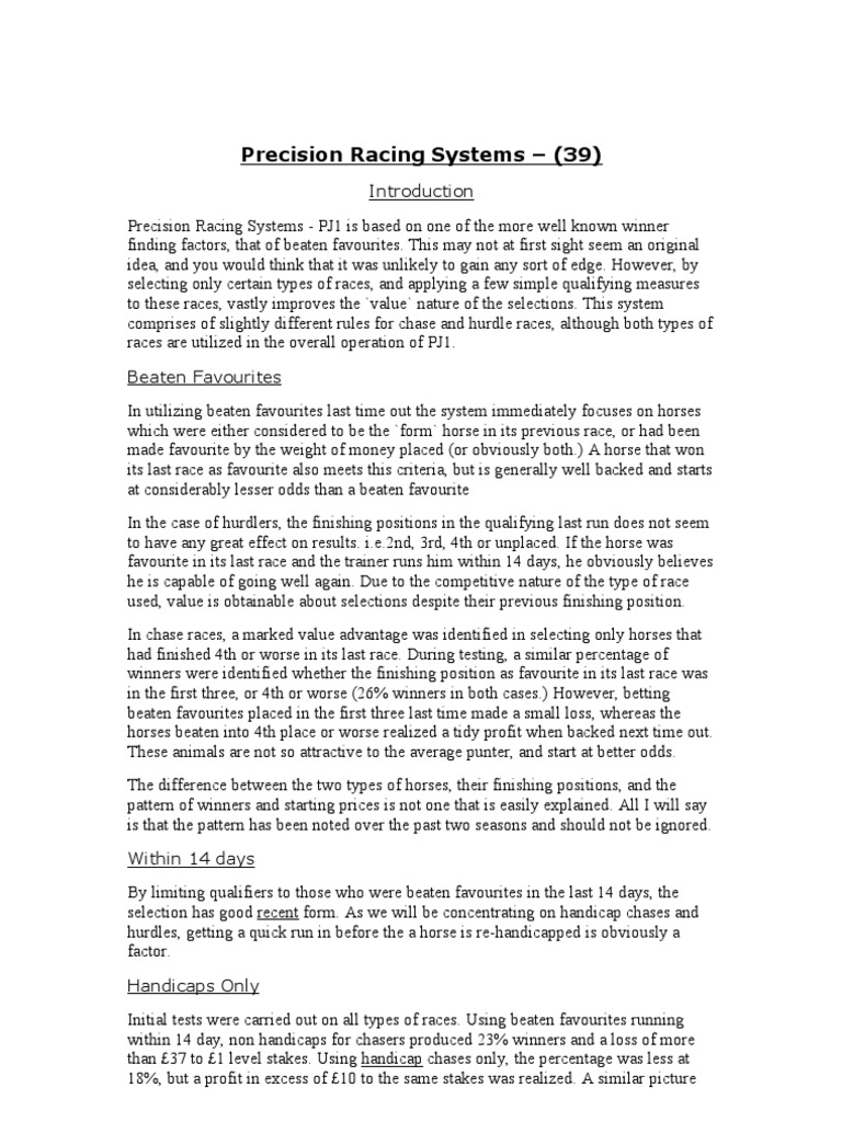 Precision Racing Systems | PDF | Handicapping | Sports
