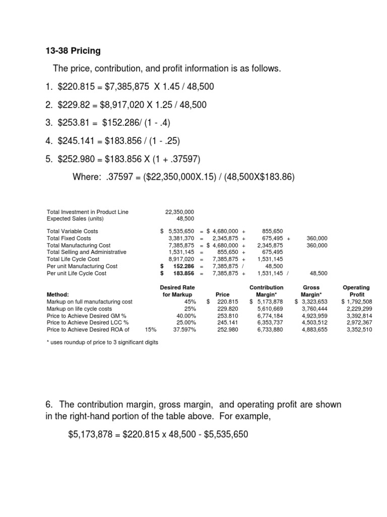 13-38 Pricing The Price, Contribution, and Profit Information Is As ...