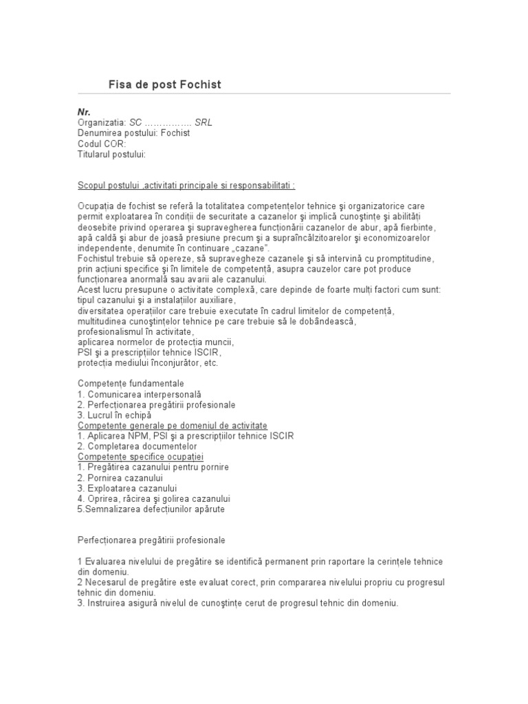 Fisa de Post Fochist | PDF