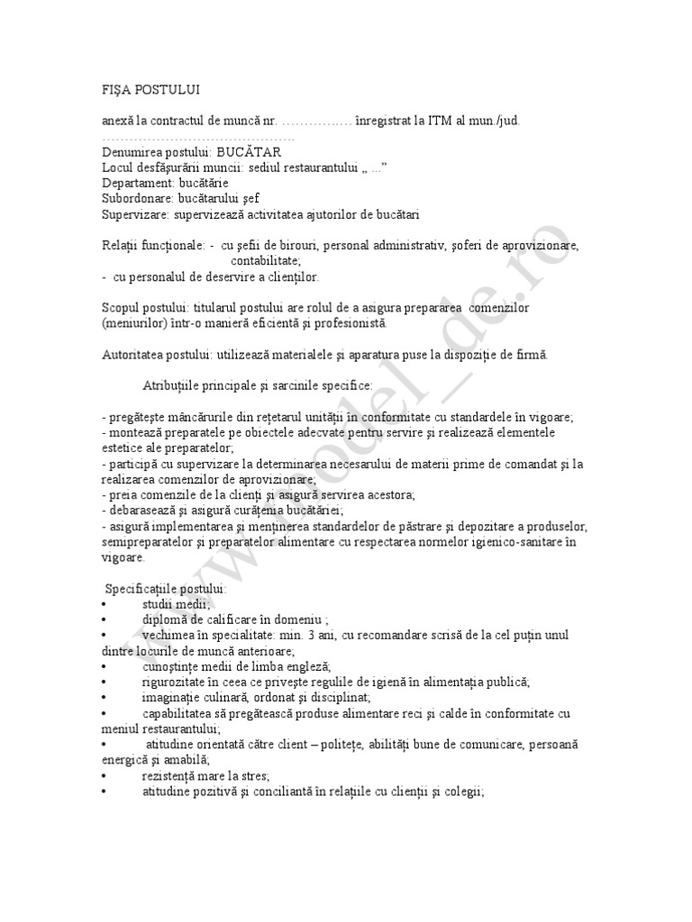 Fisa Postului Bucatar | PDF