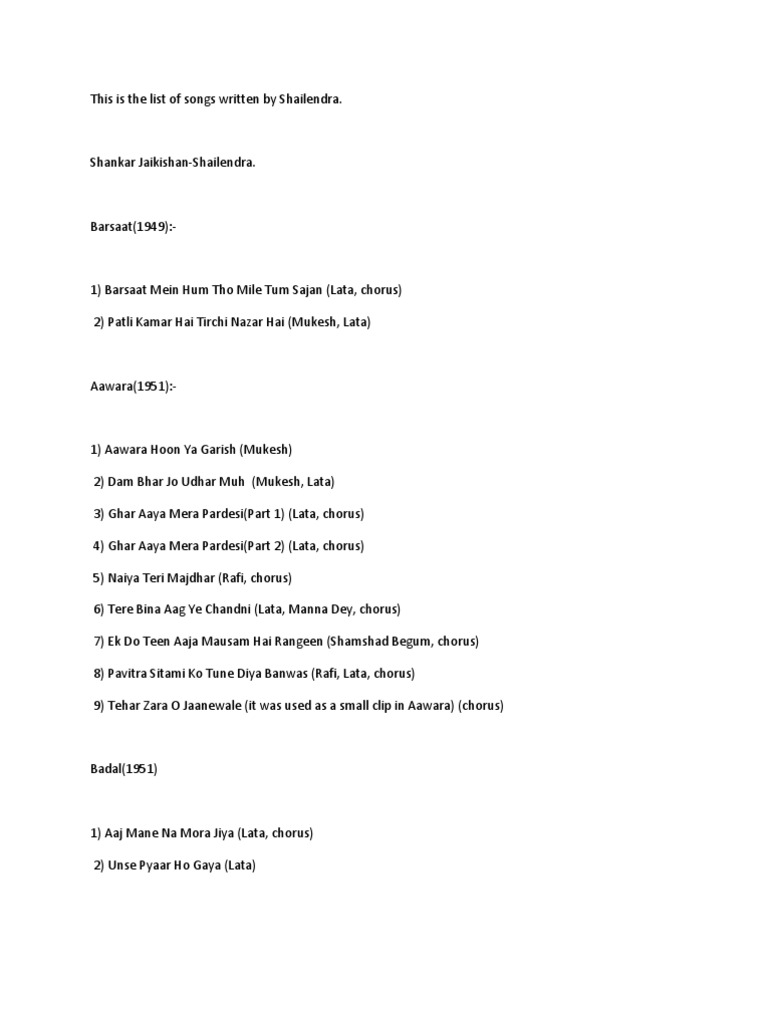 Shailendra's Complete Song List | PDF
