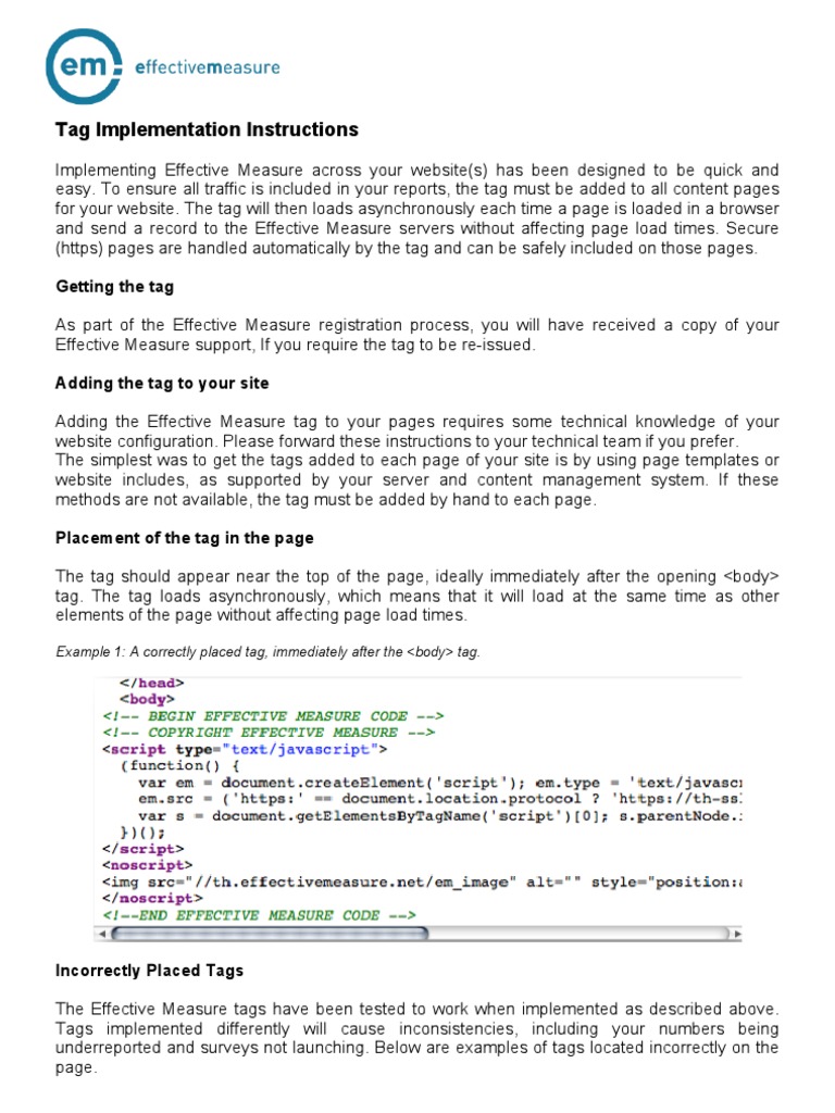 Effective Measure - Tag Implementation Instructions | PDF | Html Element | Tag (Metadata)