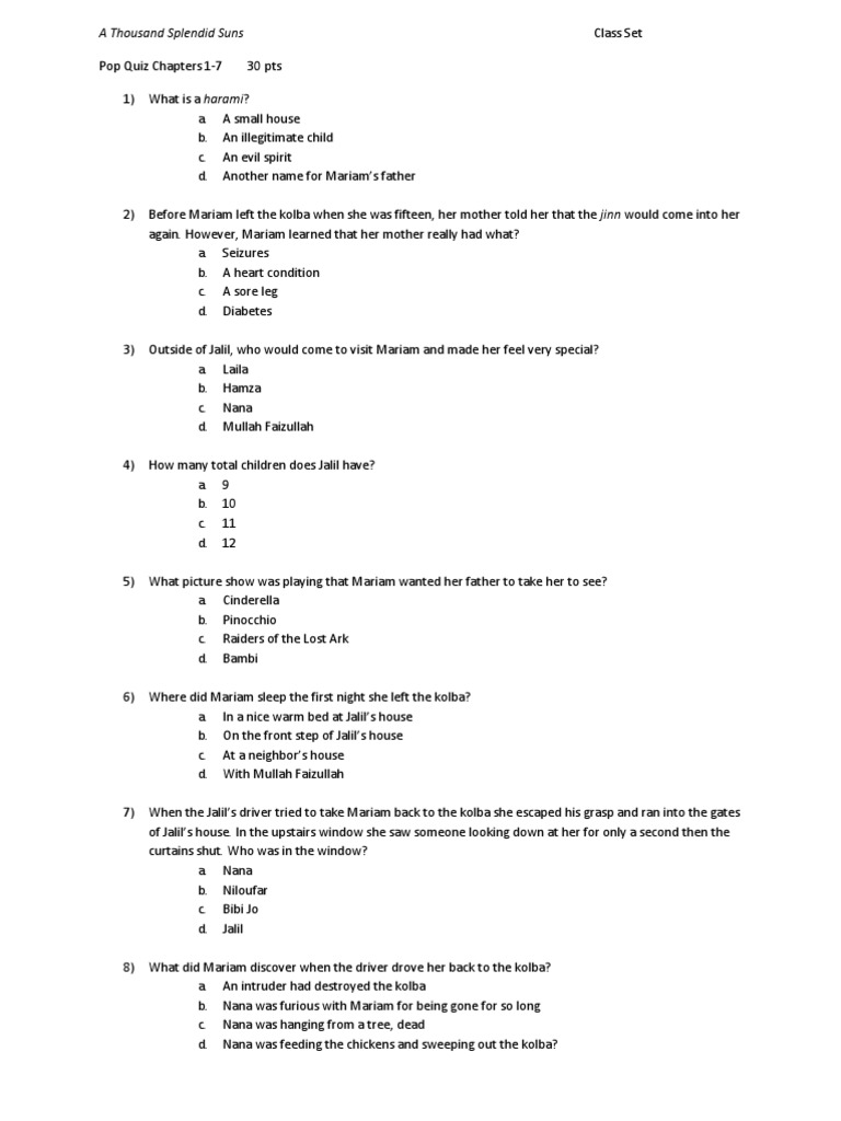 A Thousand Splendid Suns Quiz: Chapters 1-7 | PDF