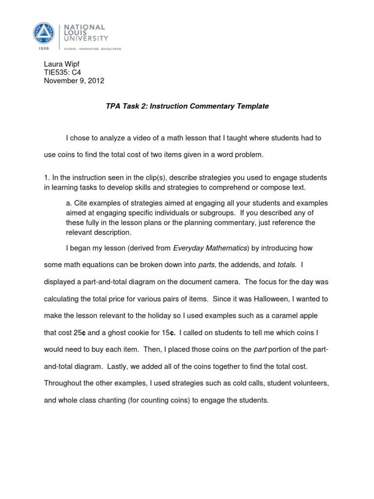 TPA Task 2: Instruction Commentary Template | PDF | Metacognition ...