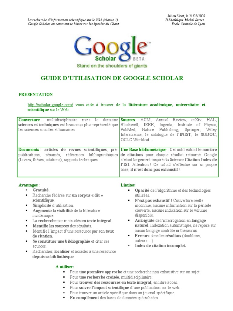 Guide d'utilisation de Google Scholar | PDF | Google | Internet