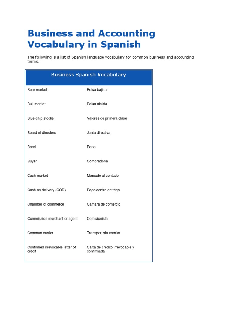 Business and Accounting Vocabulary in Spanish 1 | PDF | Contabilidad ...