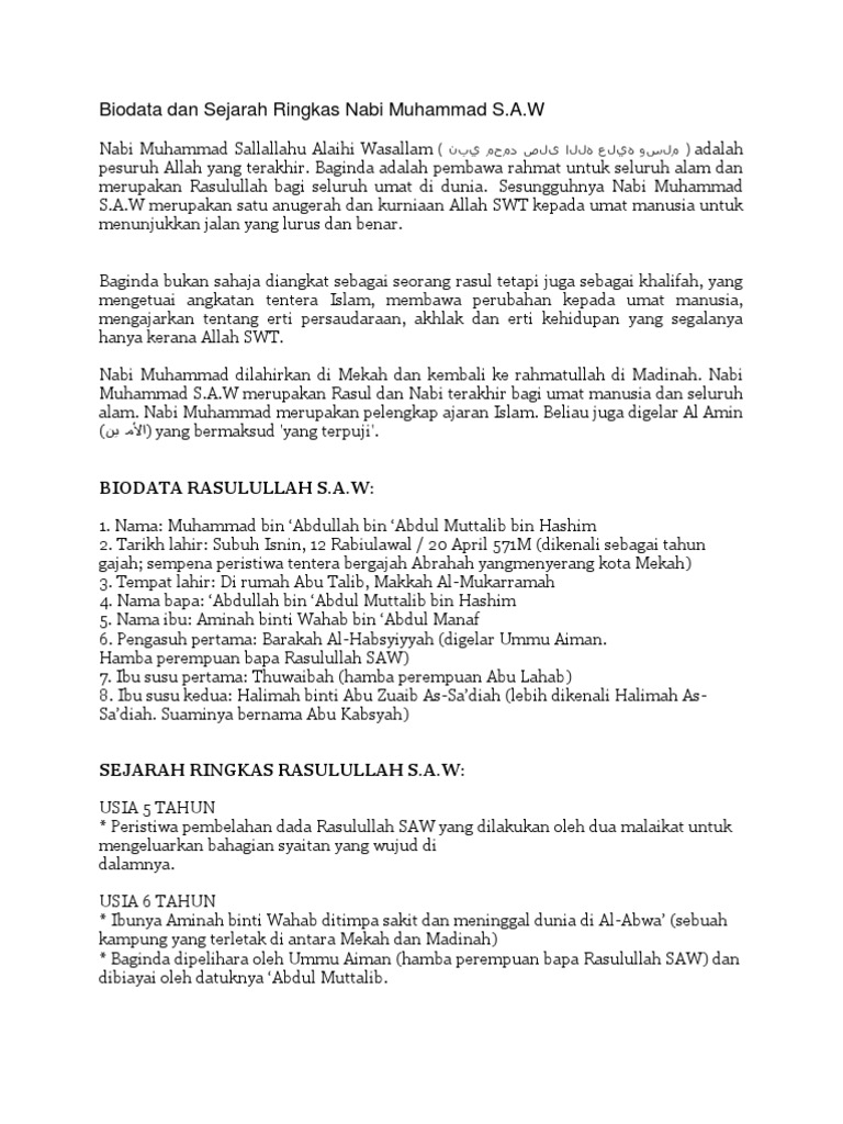 Biodata Dan Sejarah Ringkas Nabi Muhammad S | PDF