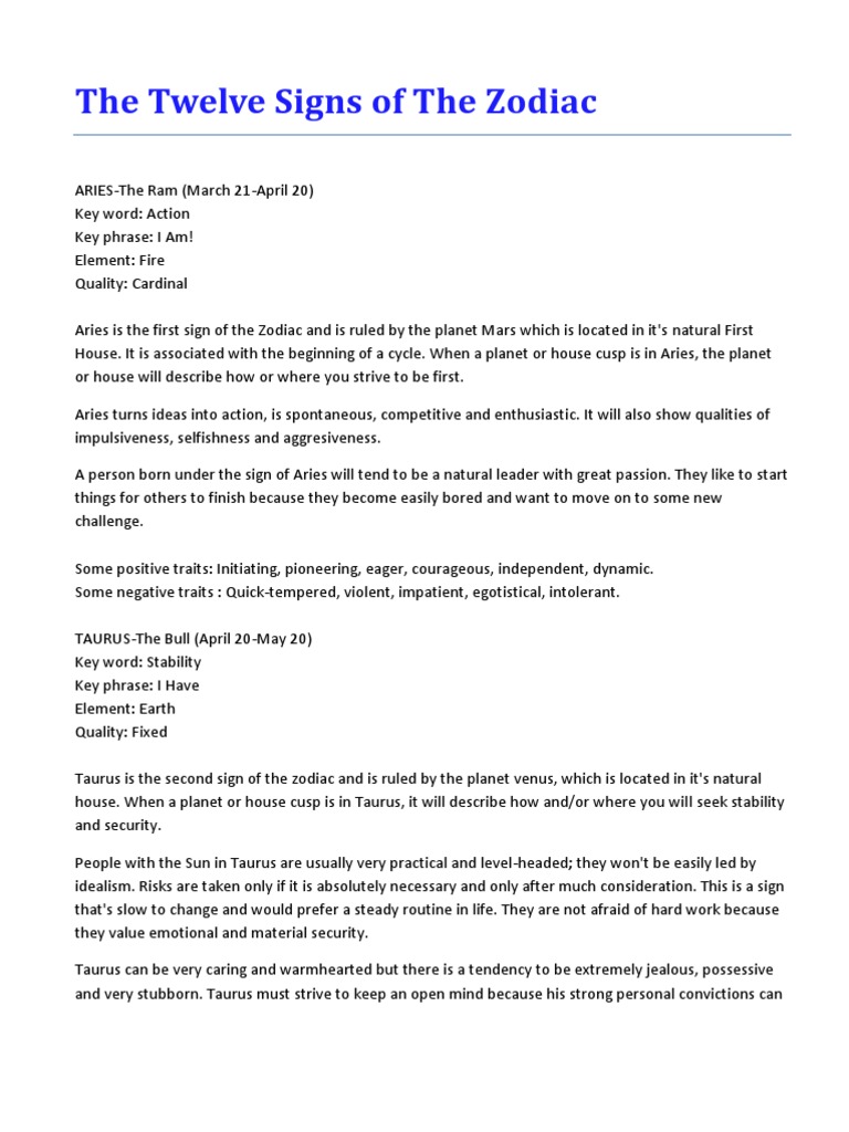 The Twelve Signs of The Zodiac | PDF | Astrological Sign | Planets In ...