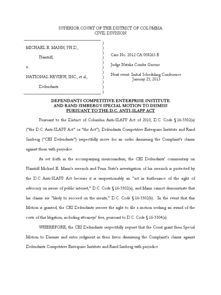 Michael Mann. v. National Review, CEI, Et Al.: CEI and Rand Simberg's ...