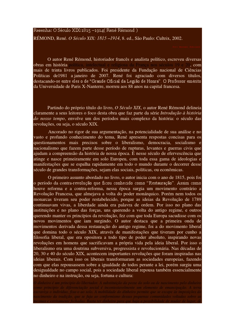 Resenha de "O Século XIX" por Rémond | PDF | Socialismo | Liberalismo