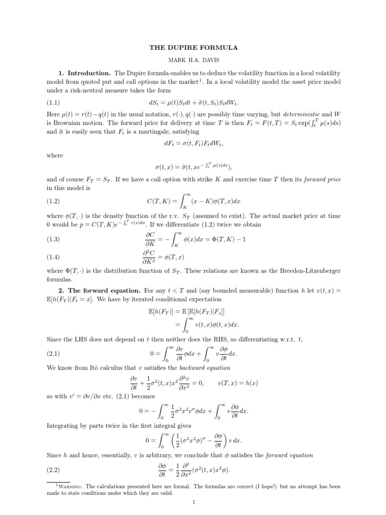Dupire Formula | Download Free PDF | Volatility (Finance) | Option ...