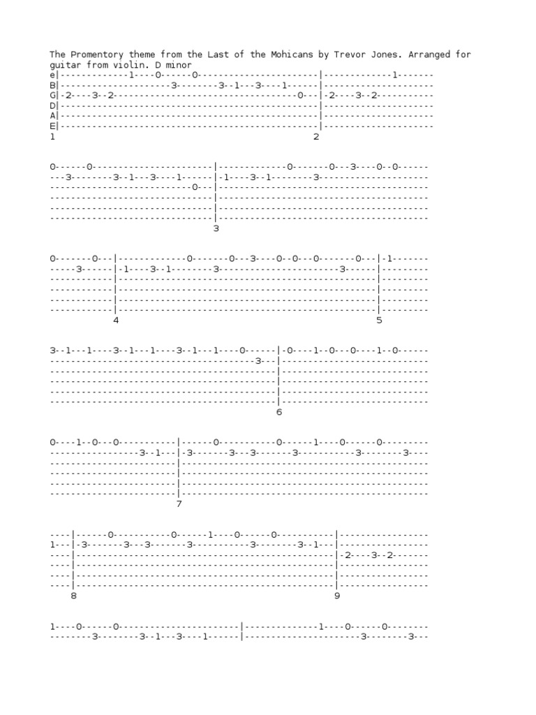 Promentory Trevor Jones Guitar Tab From the Last of the Mohicans Movie