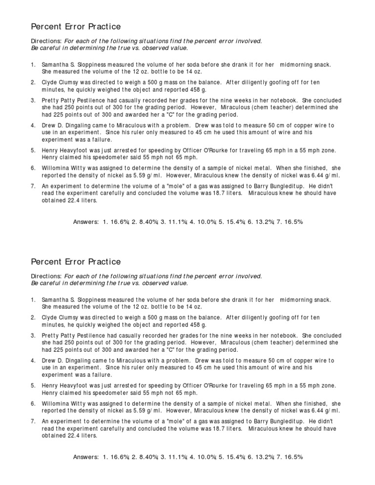 Percent Error Practice | PDF | Density | Experiment