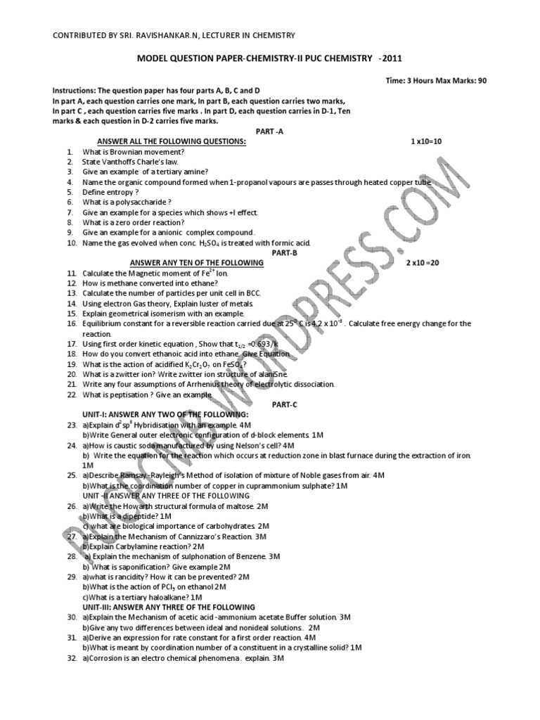 2nd Puc Chemistry Preparatory Exam Question Paper | Chemical Reactions ...