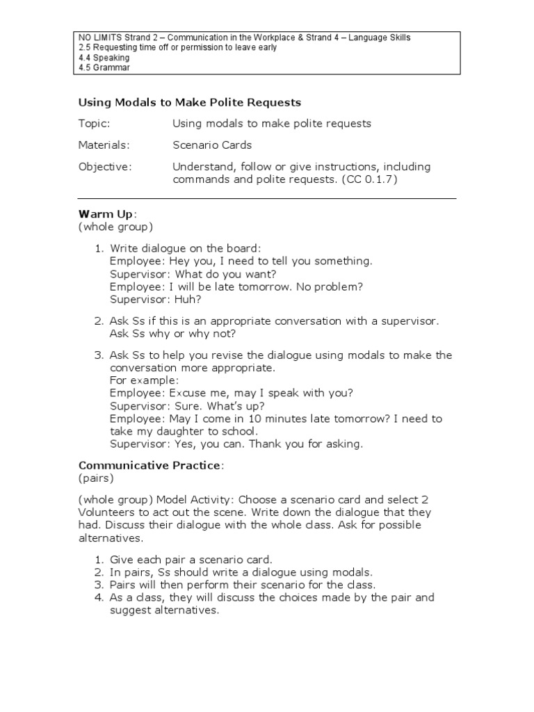 Using Modals To Make Polite Requests | PDF | Dialogue | Human Communication