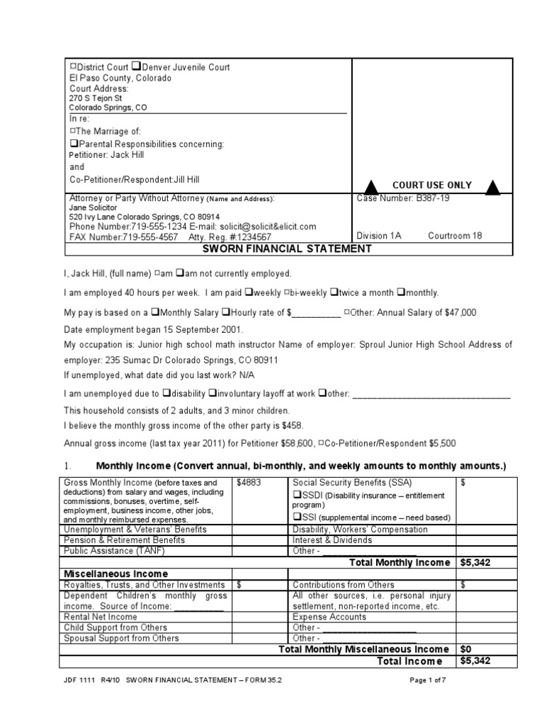Colorado JDF 1111 Sworn Financial Statement | PDF | Welfare | Tax Deduction