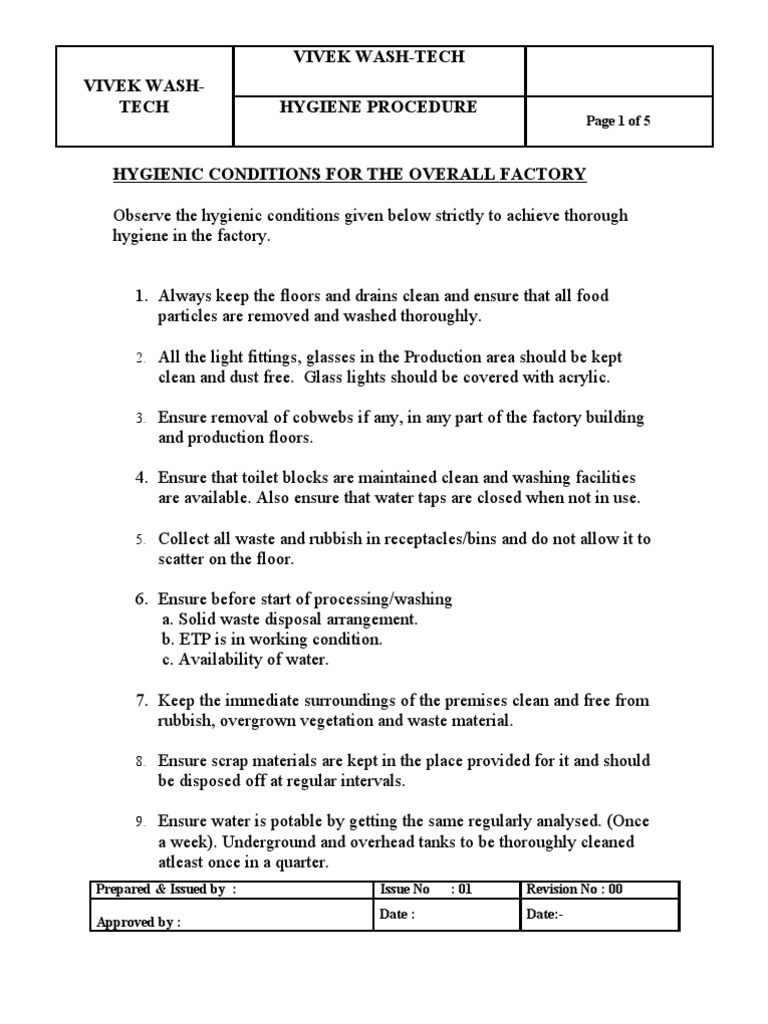 Factory Hygiene Procedure | PDF | Hygiene | Housekeeping