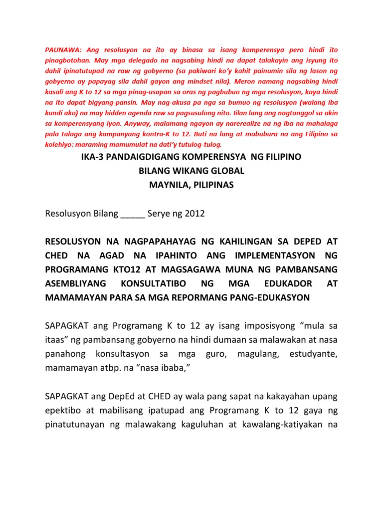 Resolusyon Sa K To 12 | PDF