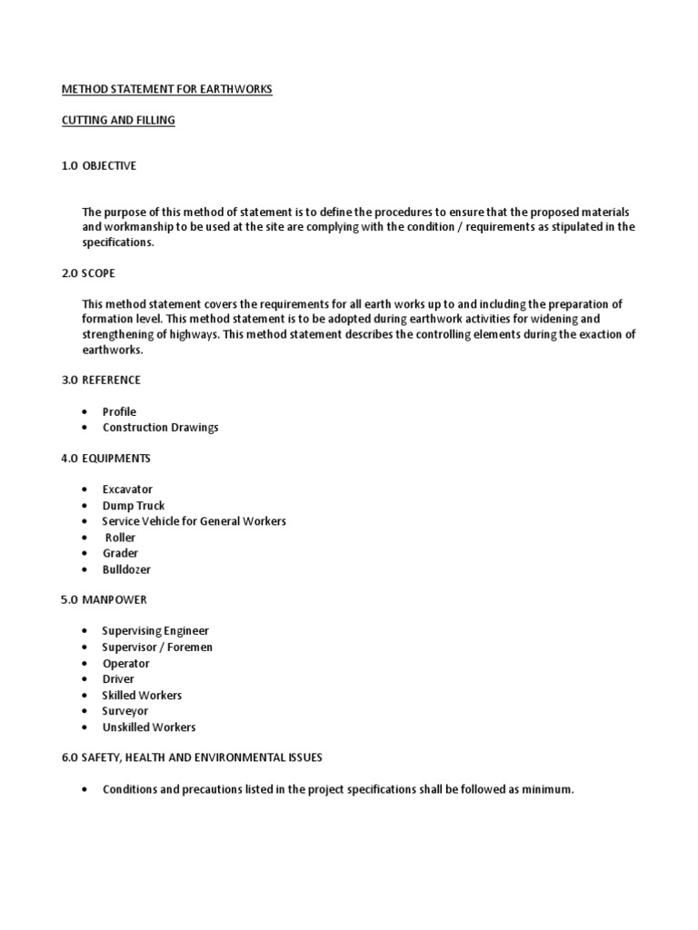 Method Statement For Earthworks | PDF | Excavation (Archaeology) | Road