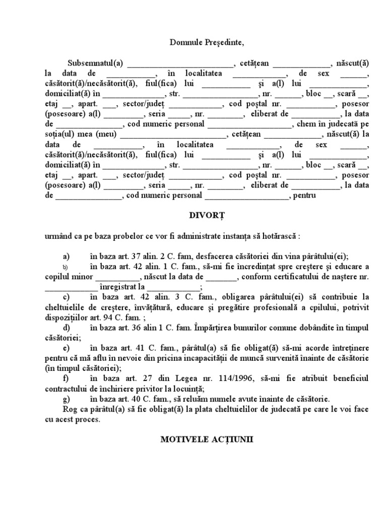 Cerere de divort fara acord,