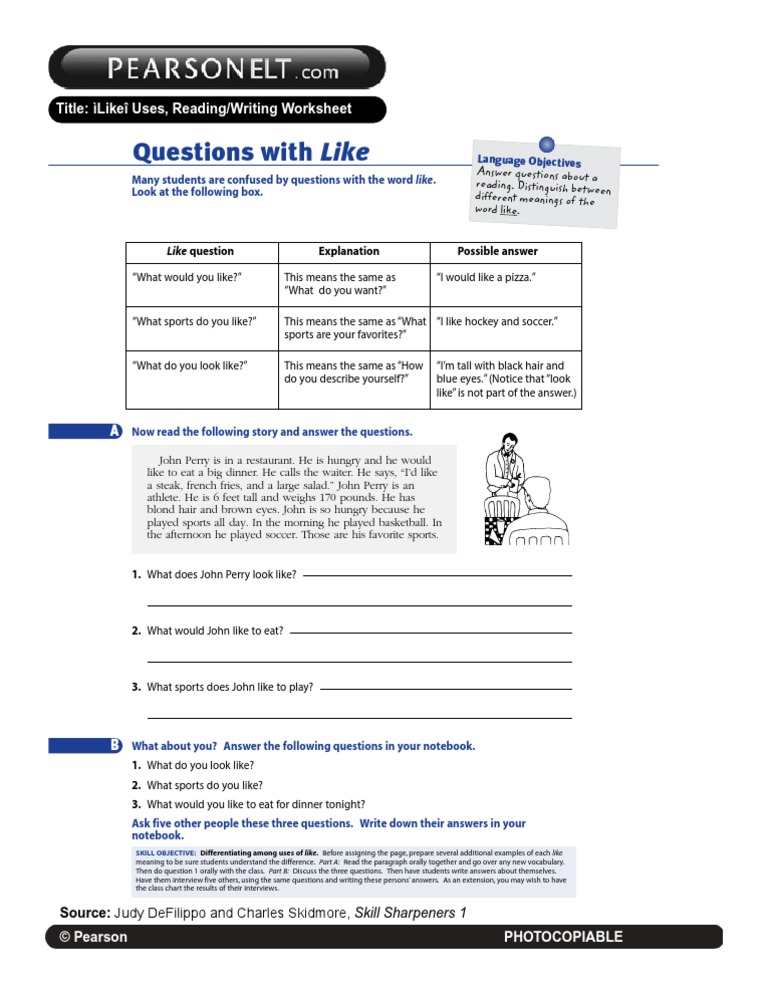 Questions With Like: Ìlikeî Uses, Reading/Writing Worksheet Title | PDF