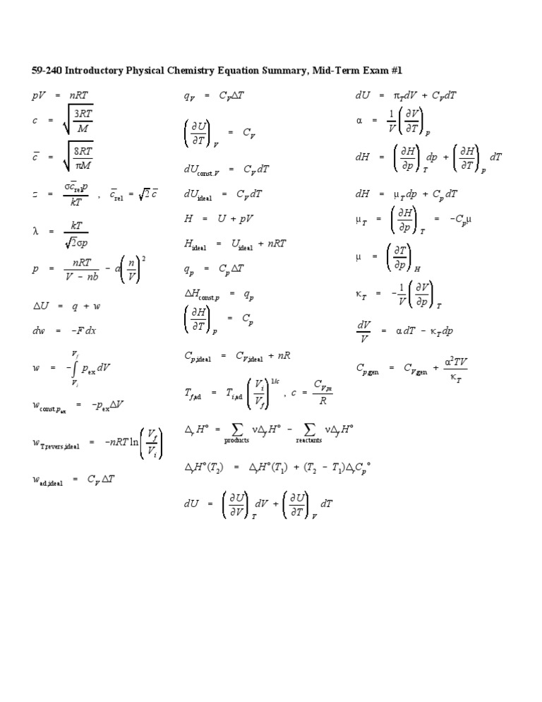 Physical Chemistry Equation Summary 1