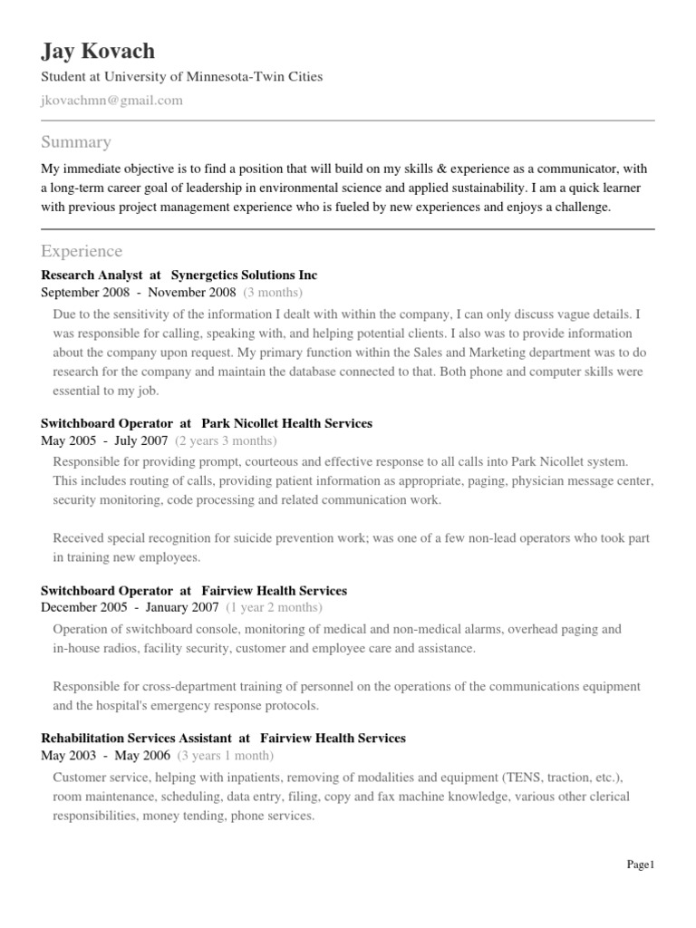 Jay Kovach: Student at University of Minnesota-Twin Cities | PDF ...