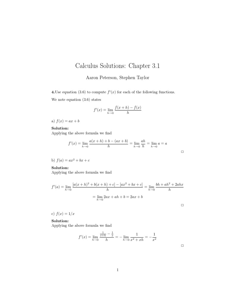 Calculus Solutions: Chapter 3.1: Aaron Peterson, Stephen Taylor | PDF ...
