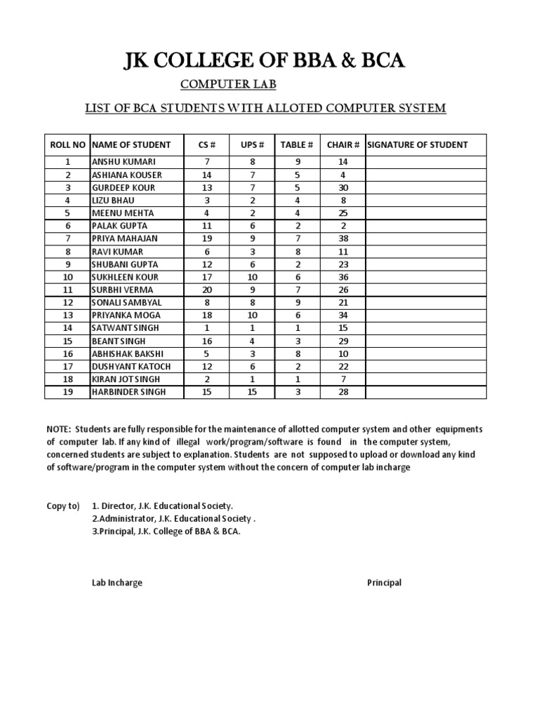 JK College of Bba & Bca: Computer Lab List of Bca Students With Alloted ...