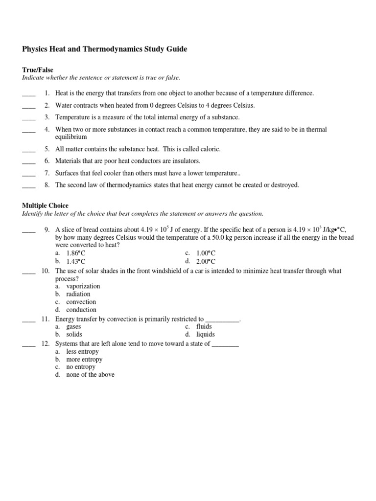 Physics Heat and Thermodynamics Study Guide: True/False | PDF | Heat ...