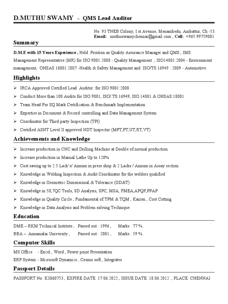 Updated Resume | Iso 9000 | Quality Assurance
