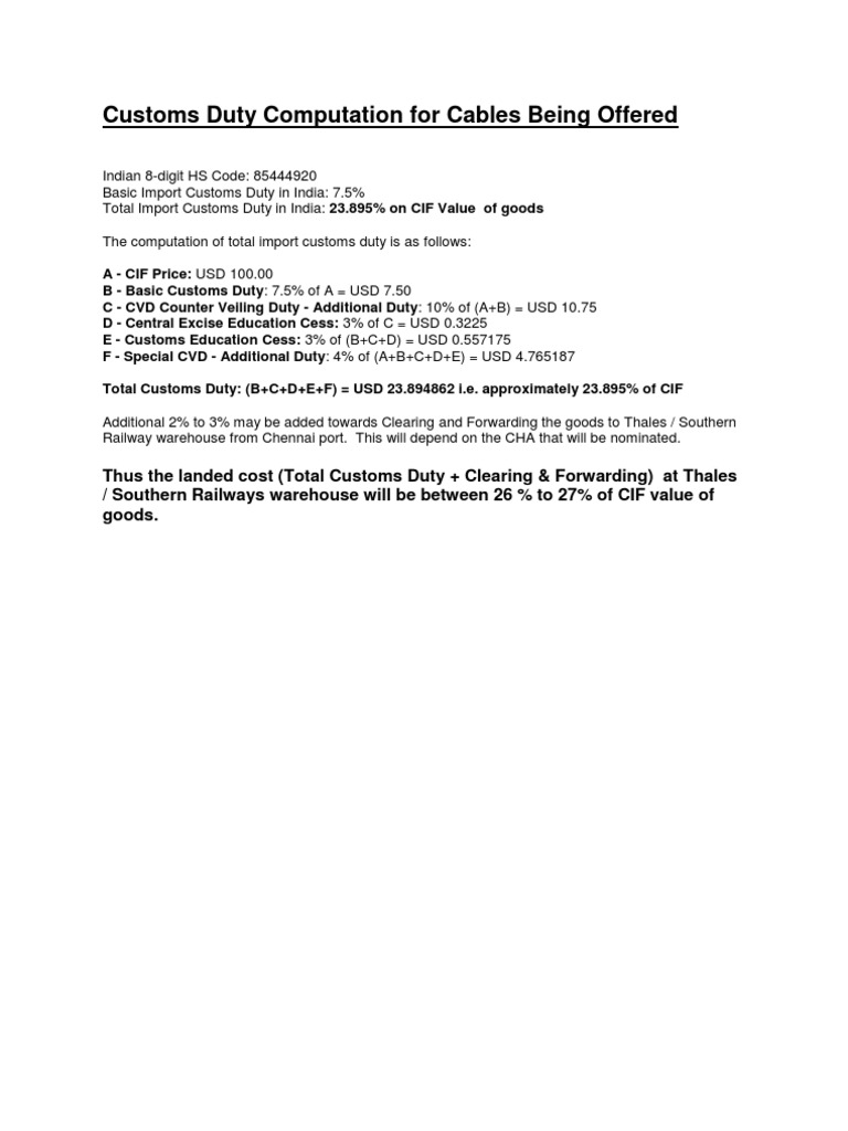 Customs Duty Calculation for Cables | PDF | Computers | Technology ...