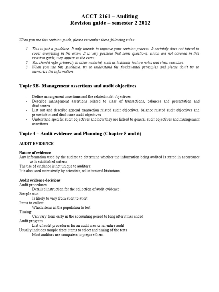Guide to Auditing Revision: Management Assertions, Audit Evidence, Internal Controls, Audit ...