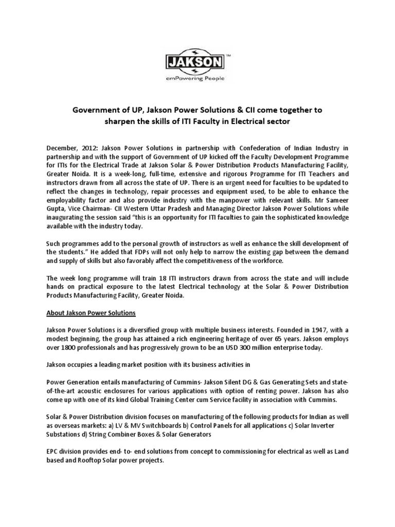 Government of UP, Jakson Power Solutions & CII Come Together To Sharpen ...