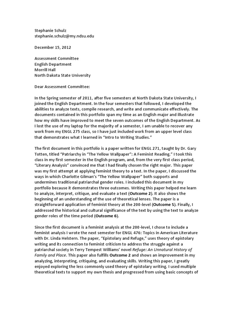 Capstone Portfolio Cover Letter | PDF | The Yellow Wallpaper | Feminist ...