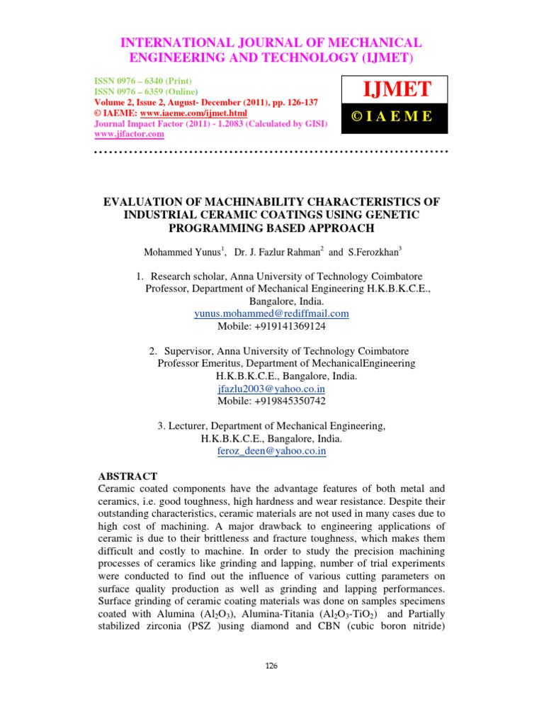 Evaluation of Machinability Characteristics of Industrial Ceramic Coatings Using Genetic ...