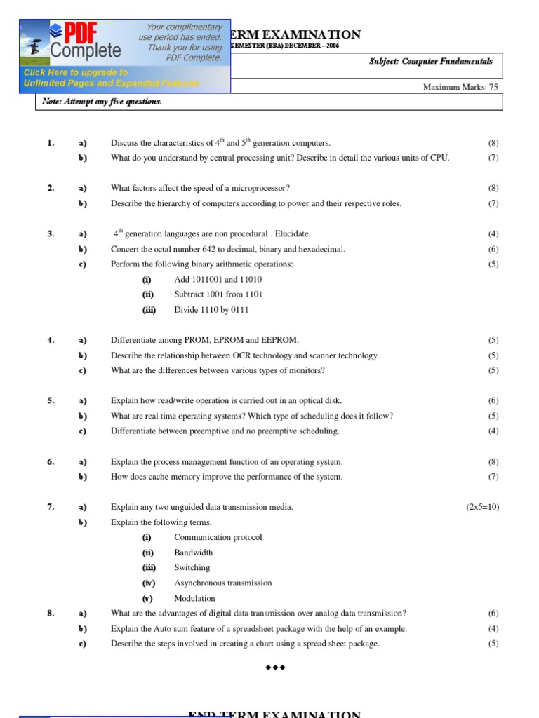 End Term Examination: Paper Code: BBA - 107 Subject: Computer Fundamentals Paper ID | PDF ...