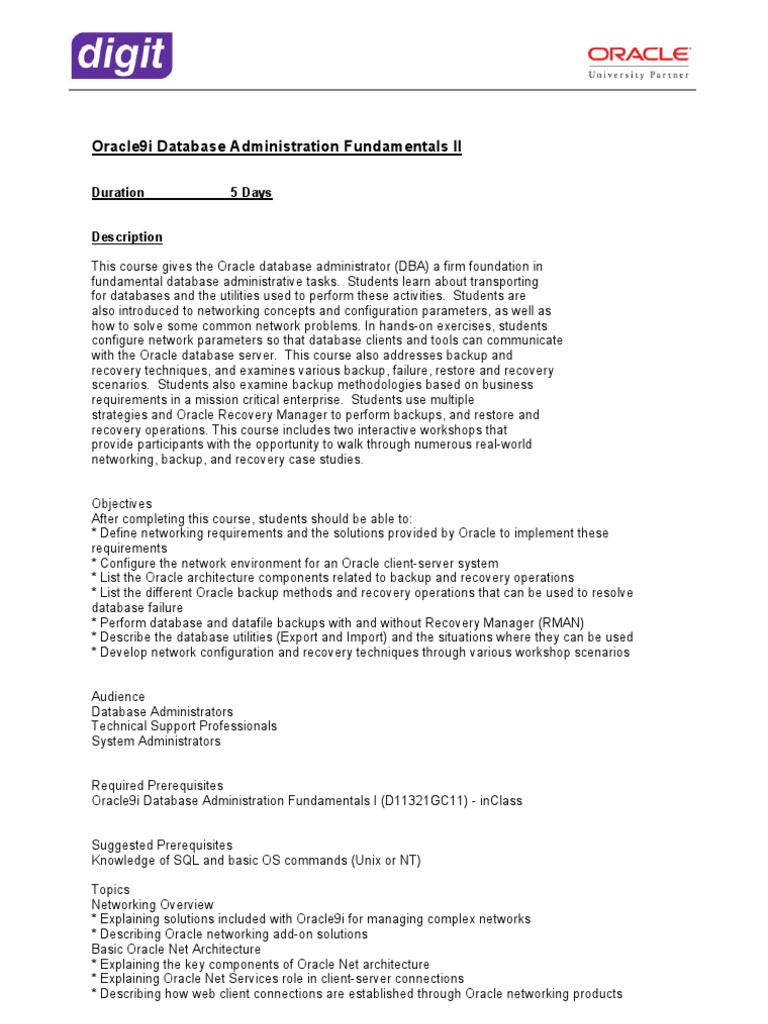 Oracle9i Database Administration Fundamentals II: Duration 5 Days | PDF ...