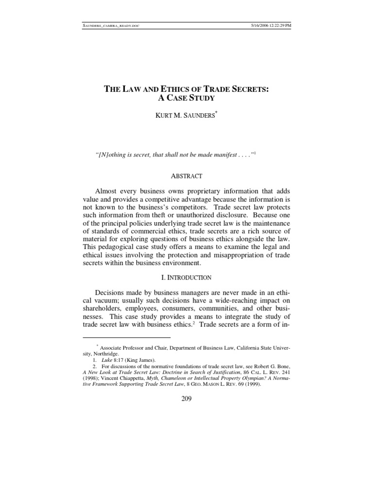 Saunders The Law and Ethics of Trade Secrets | PDF | Trade Secret ...