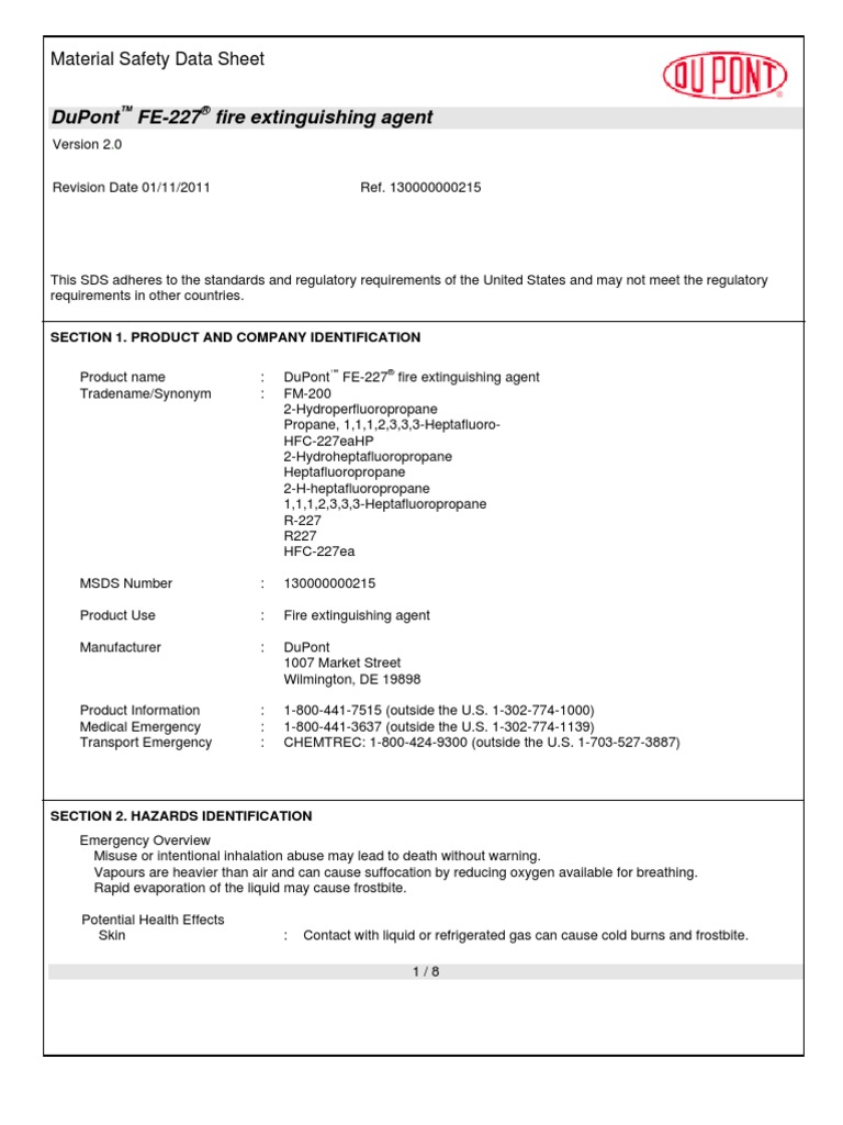 Dupont Fe-227 Fire Extinguishing Agent: Material Safety Data Sheet ...