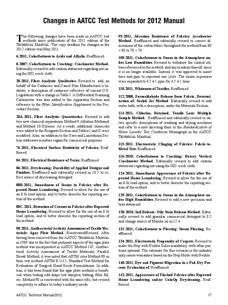 Changes in AATCC Test Methods For 2012 Manual: Echnical Anual | PDF ...