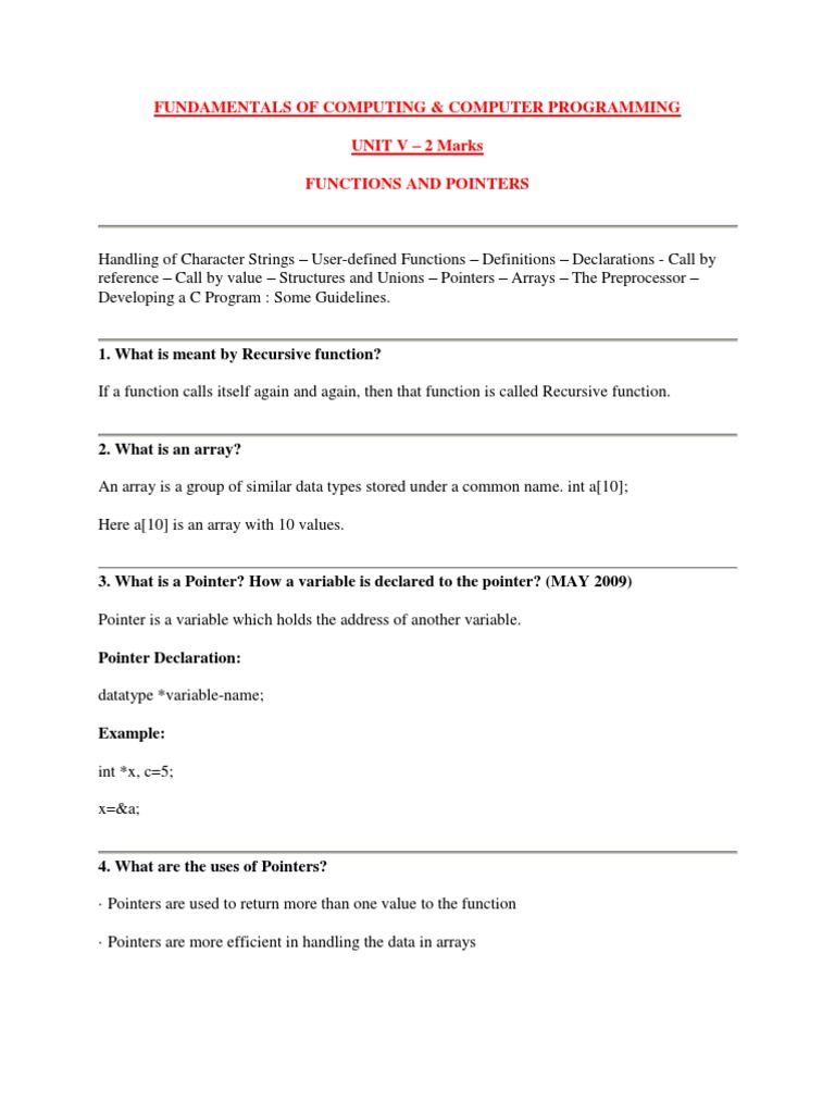 Fundamentals Of Computing And Computer Programming Unit V 2 Marks Functions And Pointers 7080