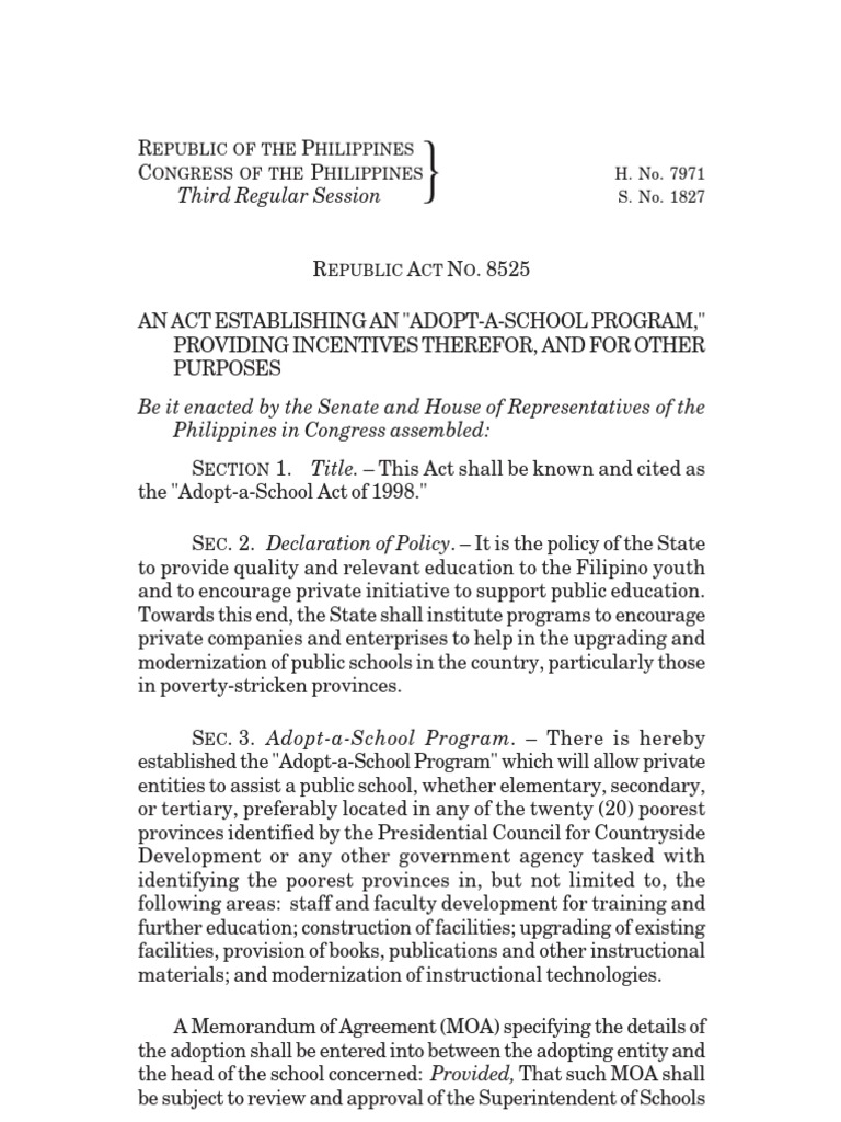 RA 8525 Adopt-A-School Act of 1998 | PDF | Tax Deduction | Real Estate ...