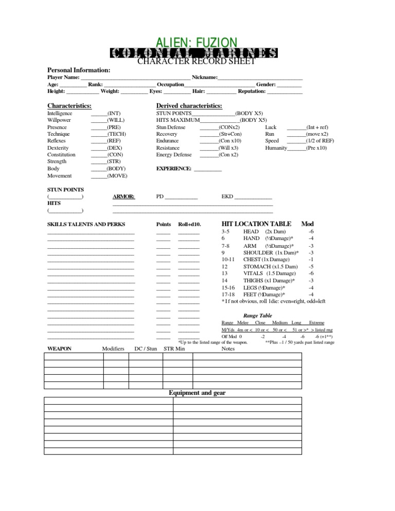 ALIENS CharacterSheet | PDF